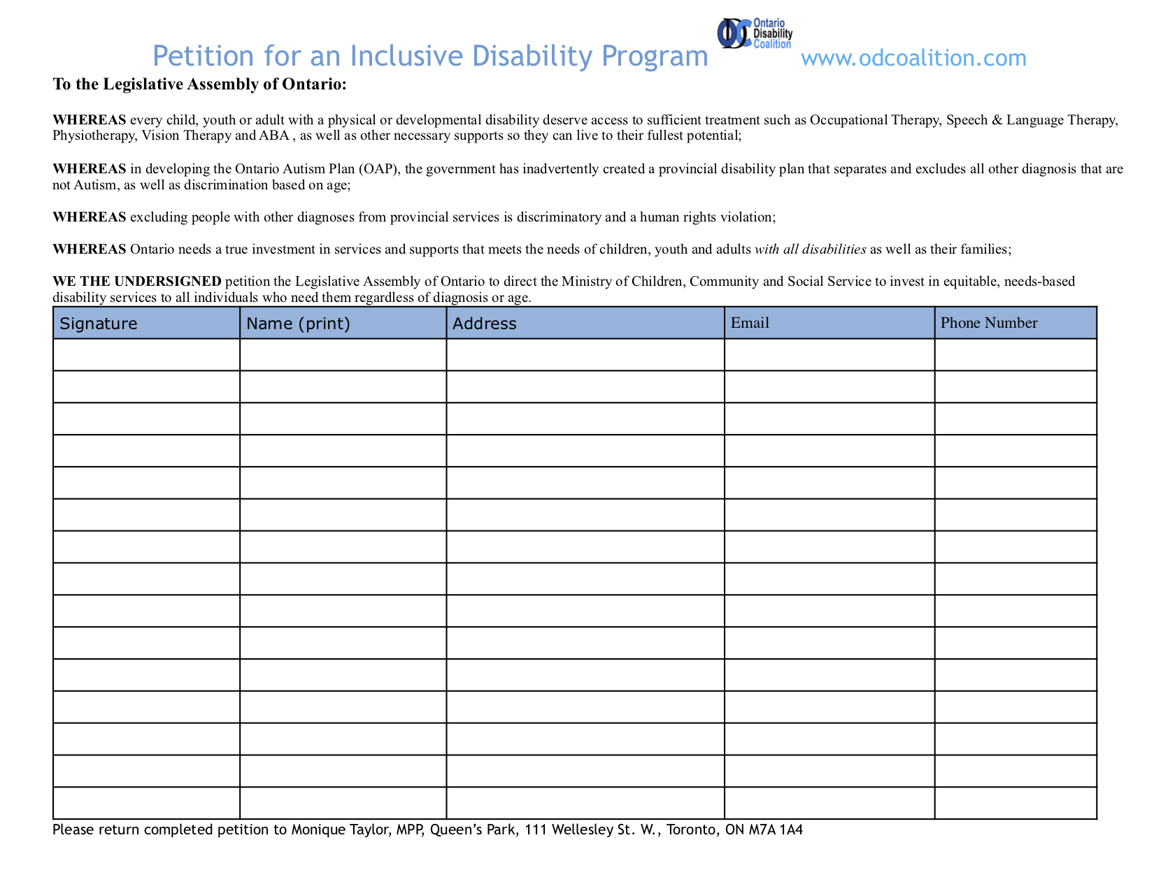 Petition for an Inclusive Ontario Disability Program – @ODCoalition